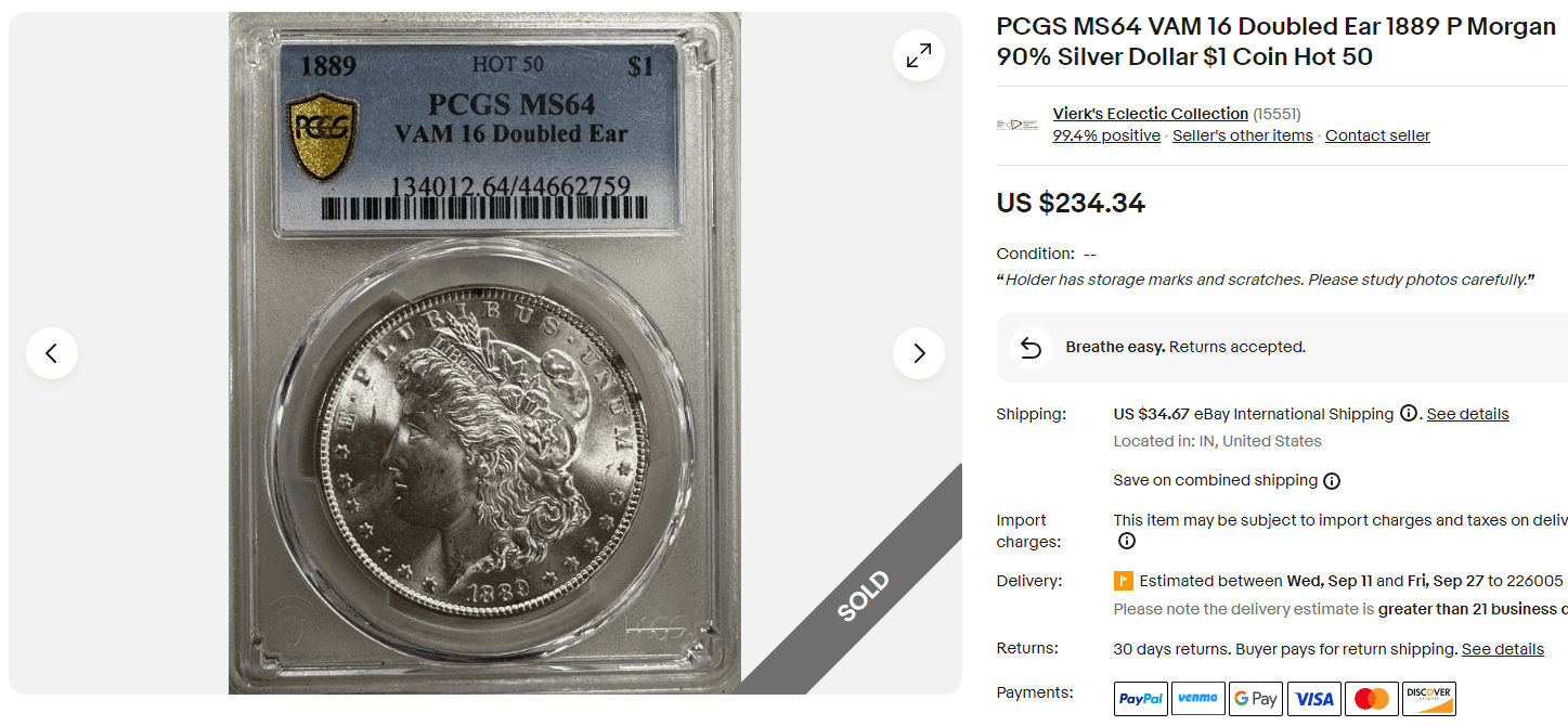 1889 Morgan Silver Dollar (VAMs, Errors & CC, S, O Mint Marks)